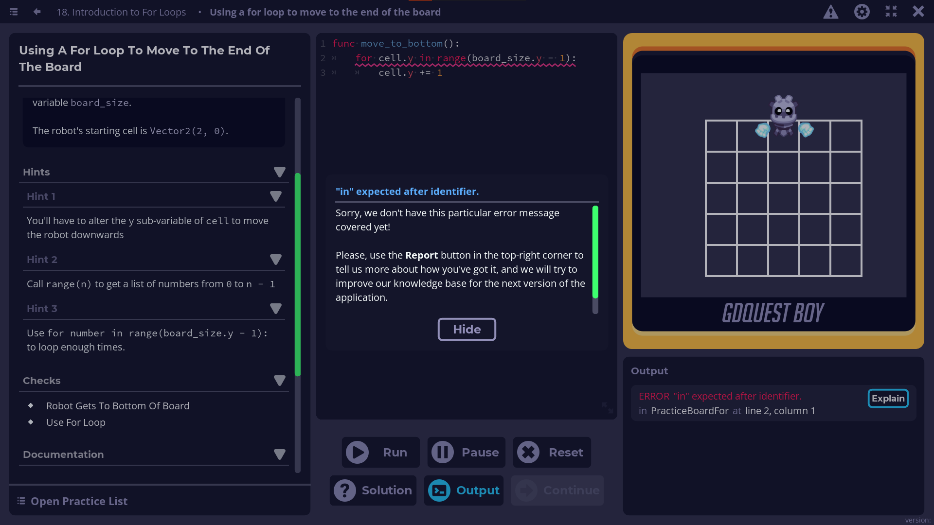 Introduction to For Loops - Missing Error Describtion · Issue #625 · GDQuest/learn-gdscript · GitHub