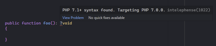 Function return type hinting void is valid for PHP 7.1+ not for 7.0.0 ...