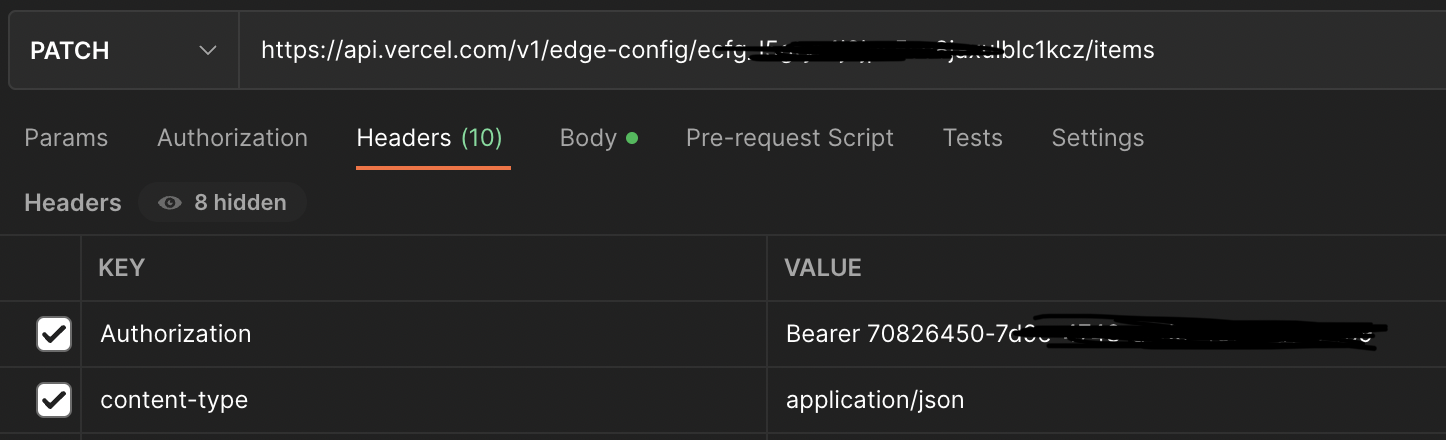 Vercel Edge Config PATCH always responds with "The request is missing an authentication token ...