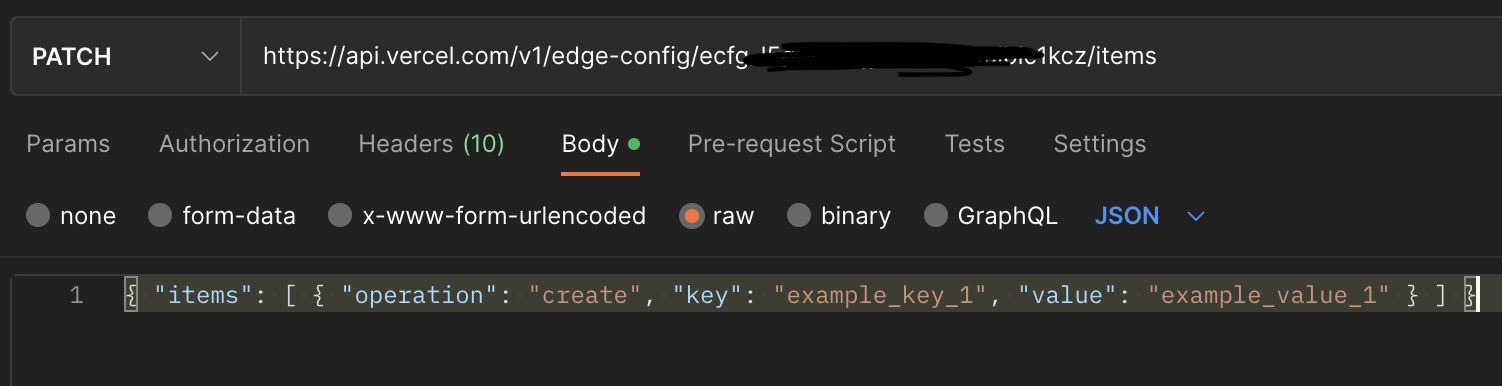 Vercel Edge Config PATCH always responds with "The request is missing ...