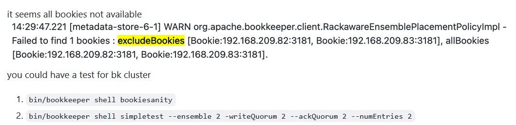 Failed to create producer: org.apache.bookkeeper.mledger.ManagedLedgerException: Not enough non ...