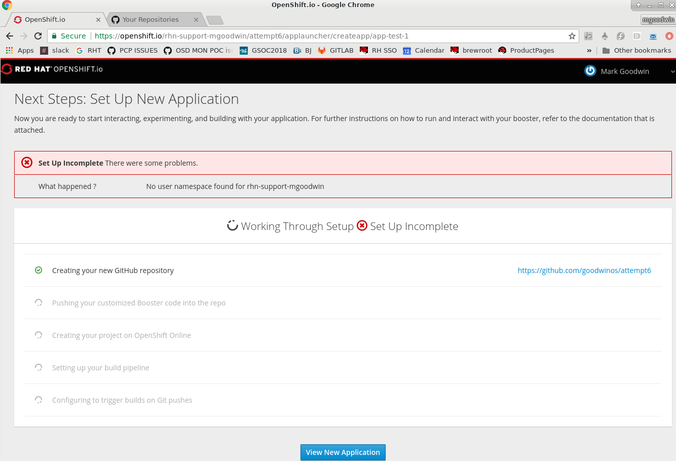 OSIO Click Party error: "set up new application" phase failed, "no user namespace found for ...