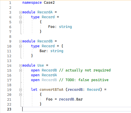 False positive `Open declaration can be removed` when having records with the same name · Issue ...