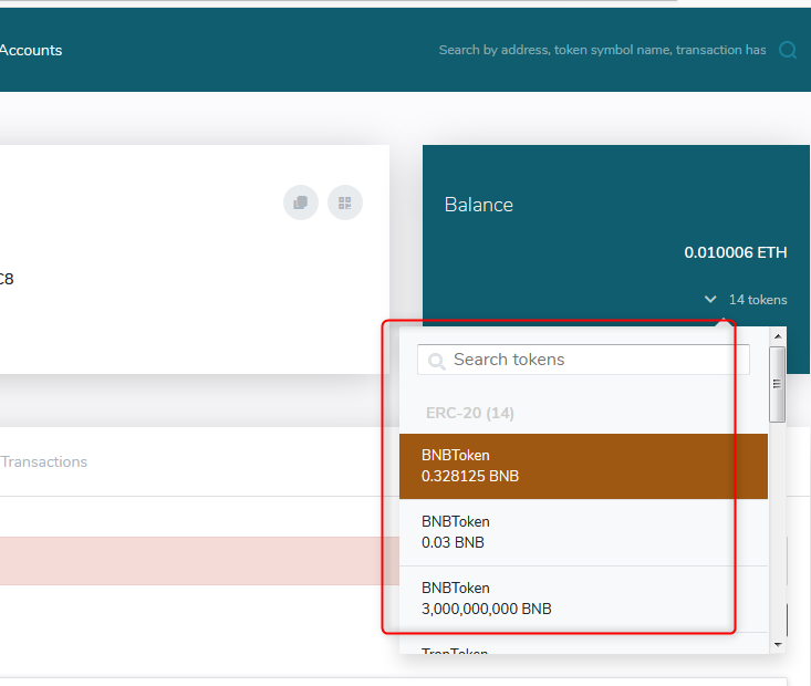 Token list drop down showing duplicate entries for BNB on address details page · Issue #59 ...
