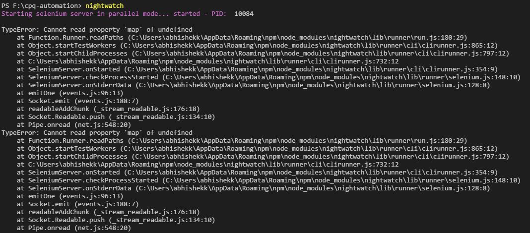 Getting Error "Cannot read property 'map' of undefined" After running the nightwatch Command ...