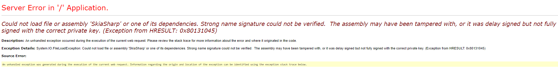 Could not load file or assembly 'SkiaSharp' or one of its dependencies. Strong name signature ...