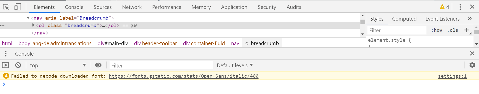 Error in the console: Failed to load `product_page.css` Or `translations.css` net::ERR_ABORTED ...
