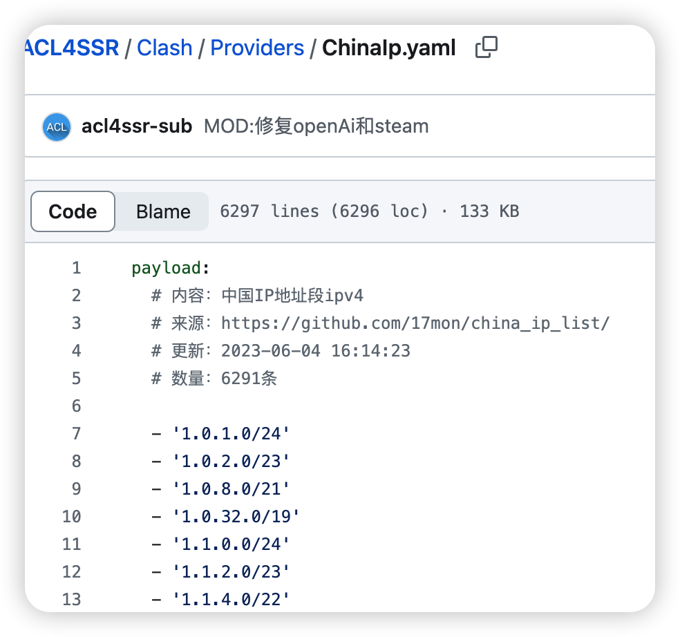 Clash/Providers/ChinaIp.yaml 格式无法被视频 · Issue #66 · ACL4SSR/ACL4SSR · GitHub
