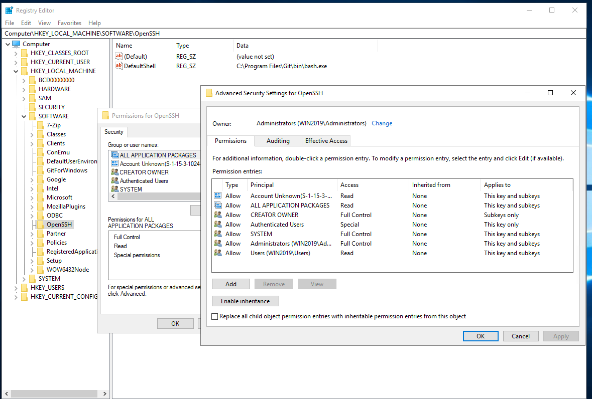 Windows reg.present salt-call win_dacl.py 2019.2.0 'LookupAccountSid ...