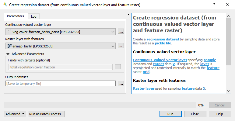 [Create regression dataset (from continuous-valued vector layer and feature raster)] extent ...