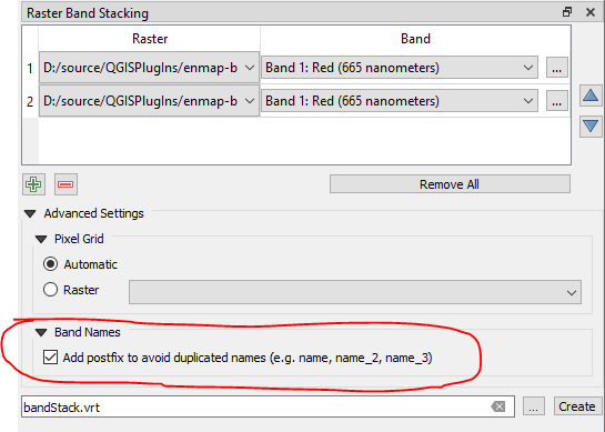 [raster Band Stacking] Add Option For Preventing Duplicated Output Band Names · Issue 468