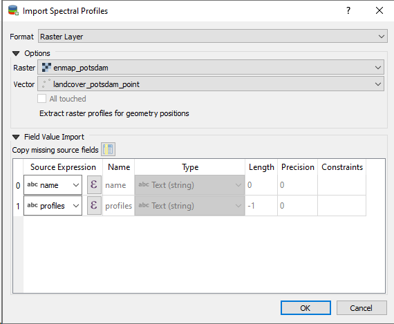 [Import Spectral Profiles dialog] Raster Layer imports are not correctly scaled und no-data ...