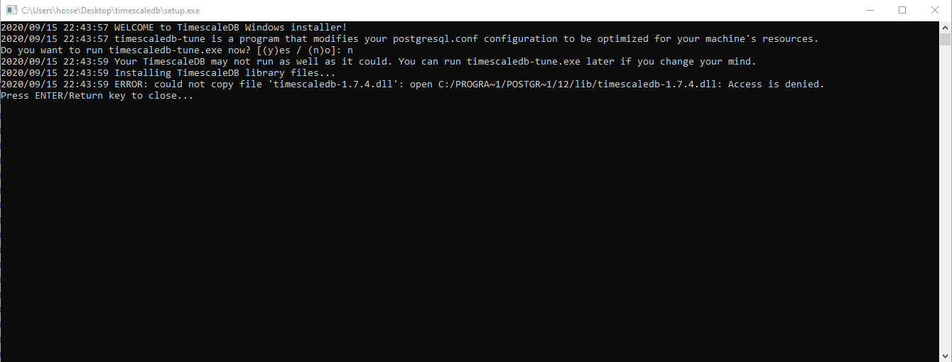 Installation failed on Windows 10 - could not copy file 'timescaledb-1.7.4.dll'. Access is ...