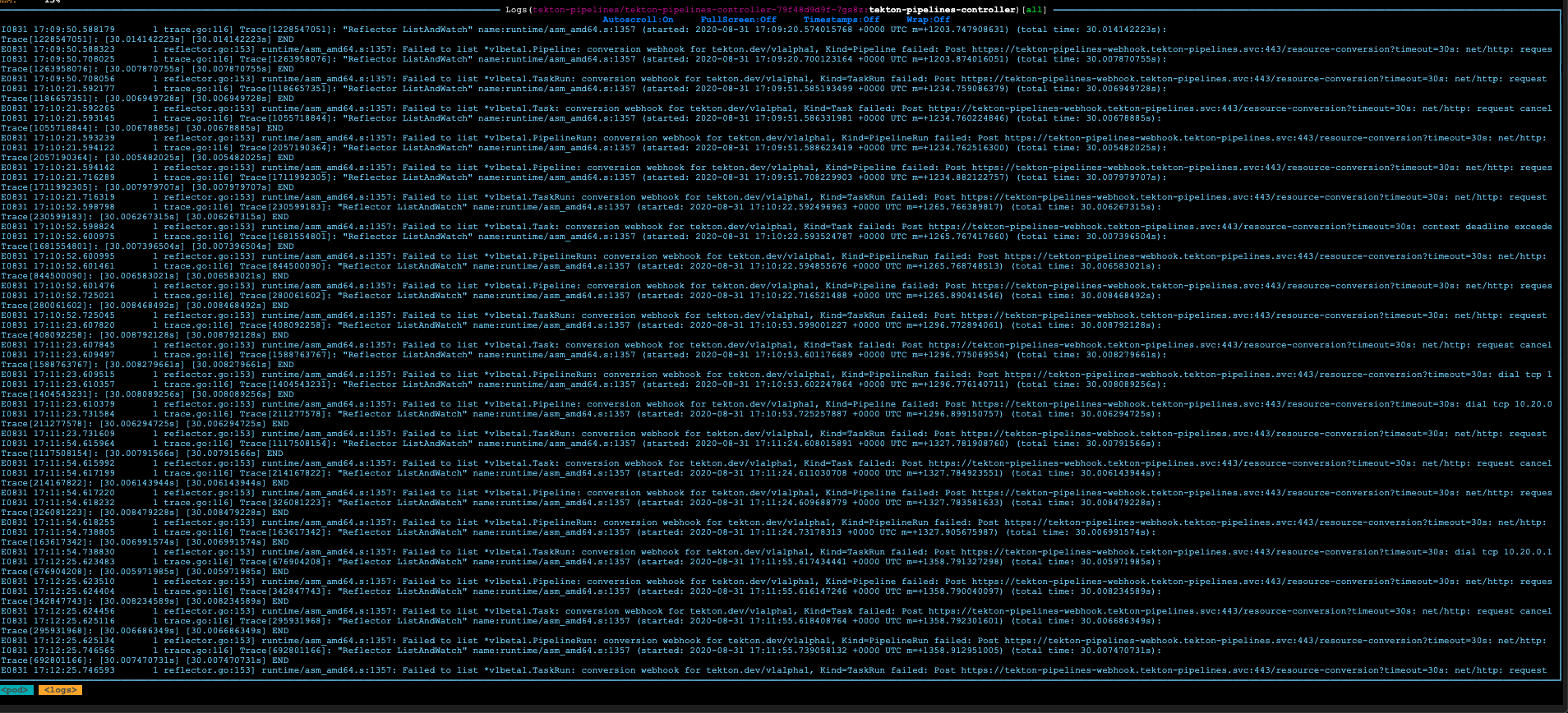 Failed to list *v1beta1.PipelineRun: conversion webhook for tekton.dev/v1alpha1, Kind ...