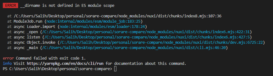 Command 'yarn dev -o' throws __dirname is not defined error · Issue #13730 · nuxt/nuxt · GitHub