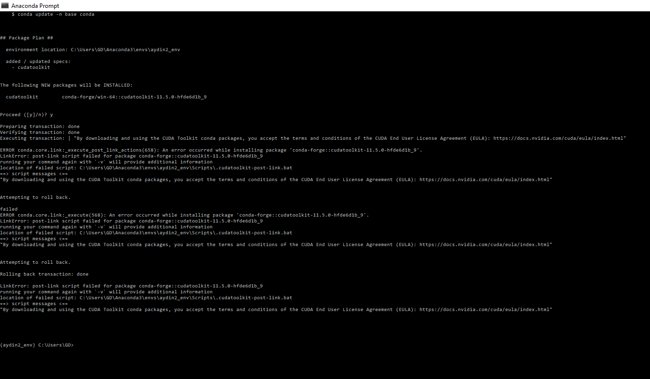 Installation Issue With Cudatoolkit Installed After Aydin In Conda 