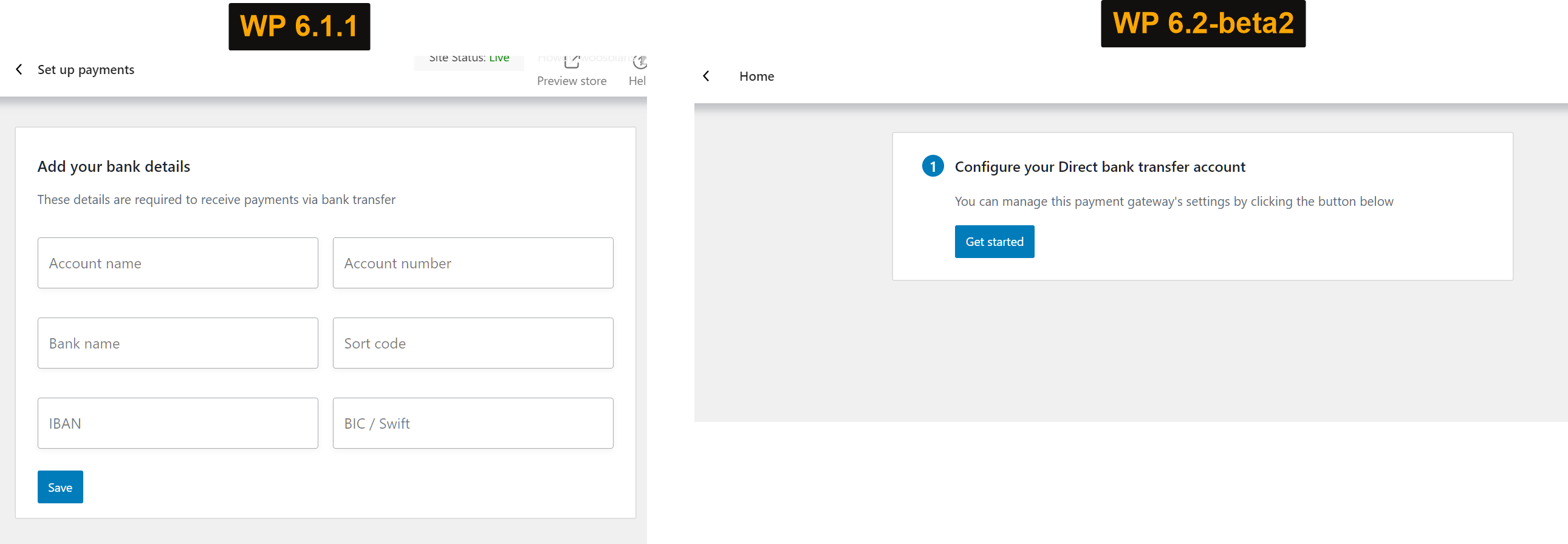 The `wp-admin/admin.php?page=wc-admin&task=payments&id=bacs` screen looks different in WP 6.2 ...