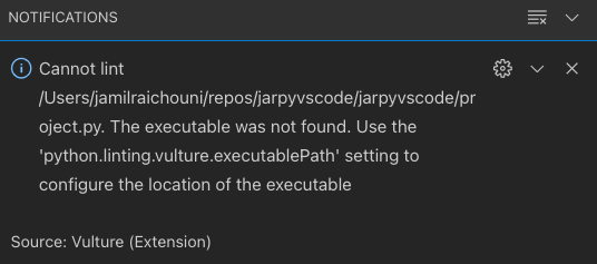 Message asks for "python.linting.vulture.executablePath" but we have "python.linting.vulturePath ...