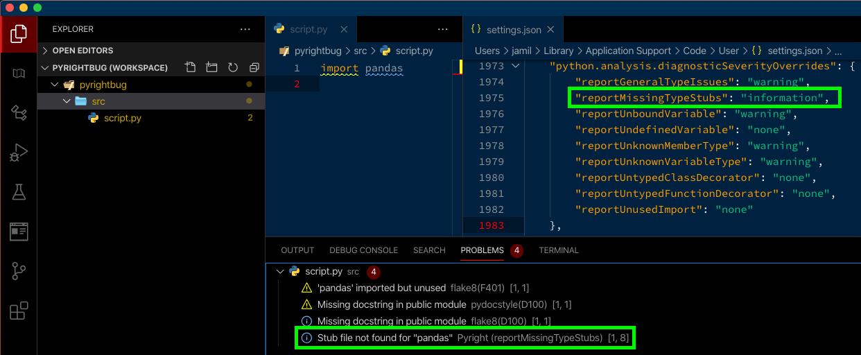 "python.analysis.diagnosticSeverityOverrides" is ignored when pyrightconfig.json is given in ...
