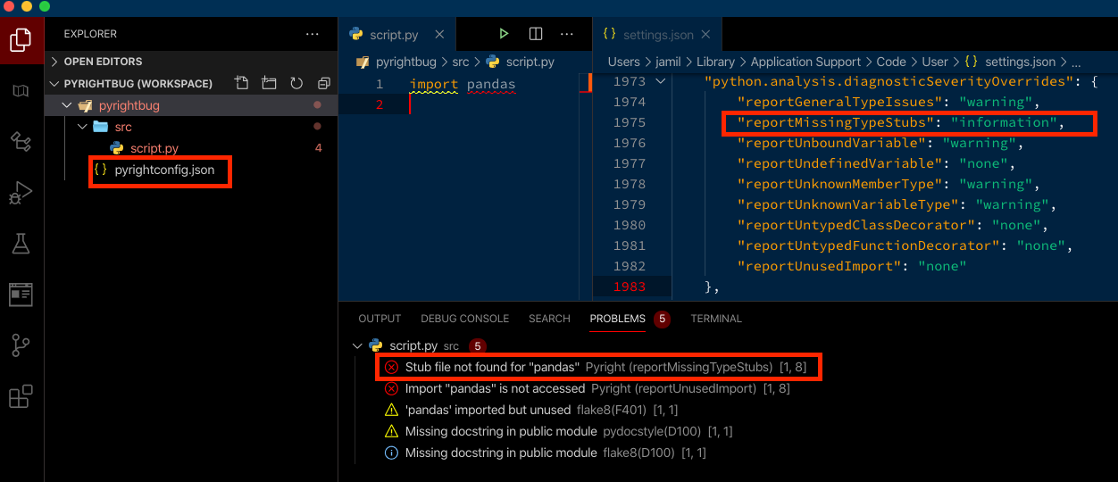 "python.analysis.diagnosticSeverityOverrides" is ignored when ...