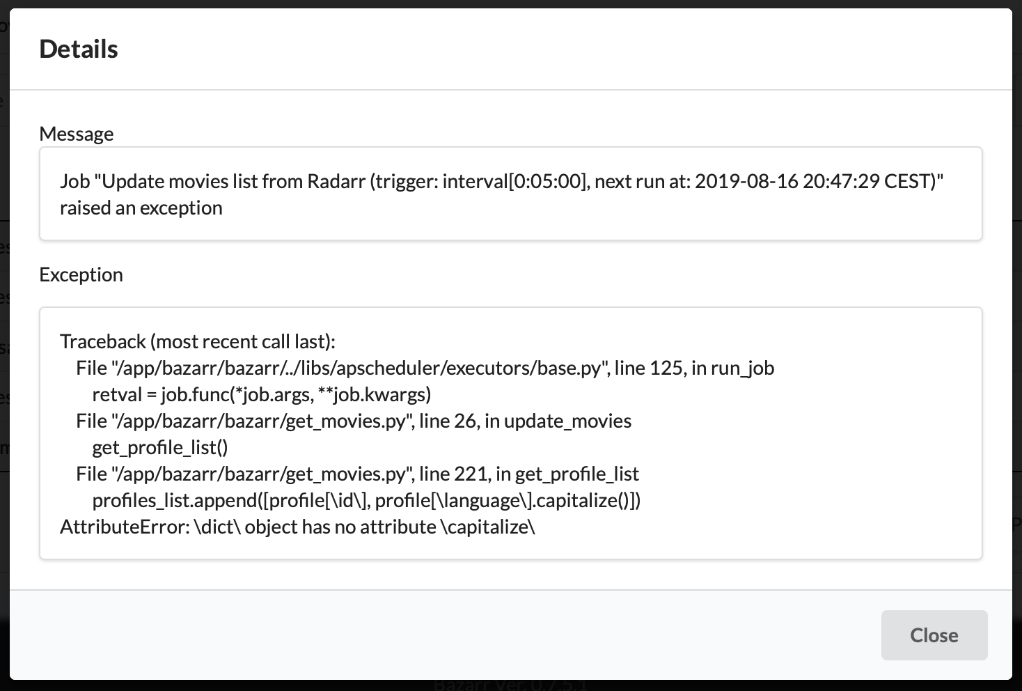 Job "Update movies list from Radarr (trigger: interval[0:05:00], raised an exception · Issue ...