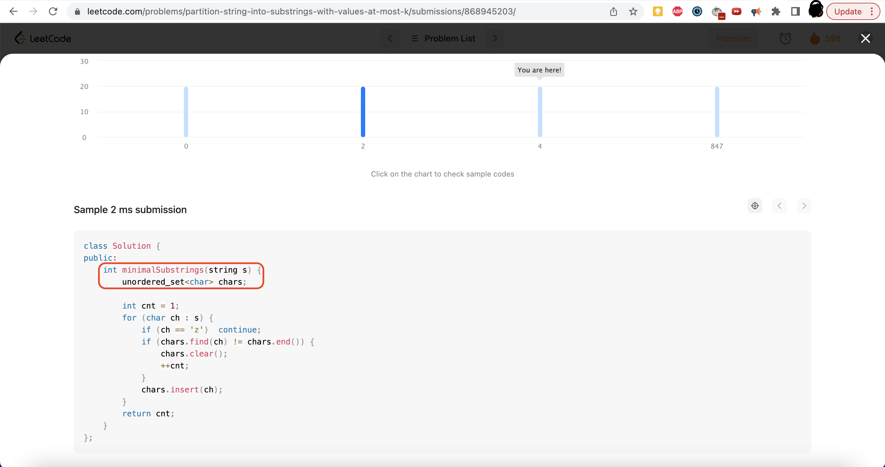 Bug in sample Submissions tab - 2522. Partition String Into Substrings With Values at Most K ...