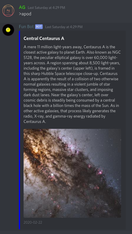 .apod command for Astronomy Picture of the Day. · Issue #357 · python-discord/sir-lancebot · GitHub