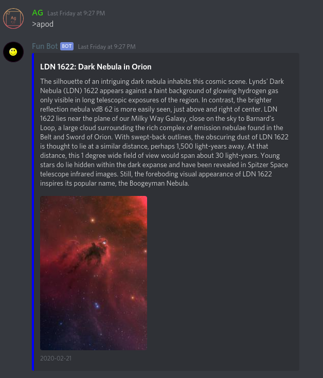 .apod command for Astronomy Picture of the Day. · Issue #357 · python-discord/sir-lancebot · GitHub