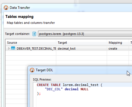 Data Transfer from HANA to PostgreSQL suggests to transfer a DECIMAL field to an INT4 field ...