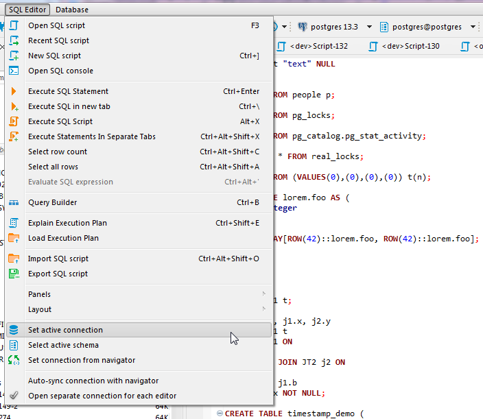 "Set active connection" and "Set active schema" are not available in ...