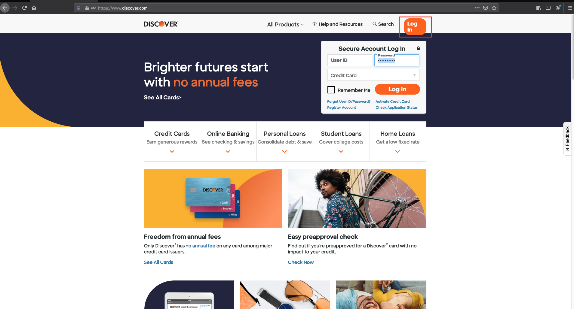www.discover.com - The "Log in" button text label is displayed on two ...