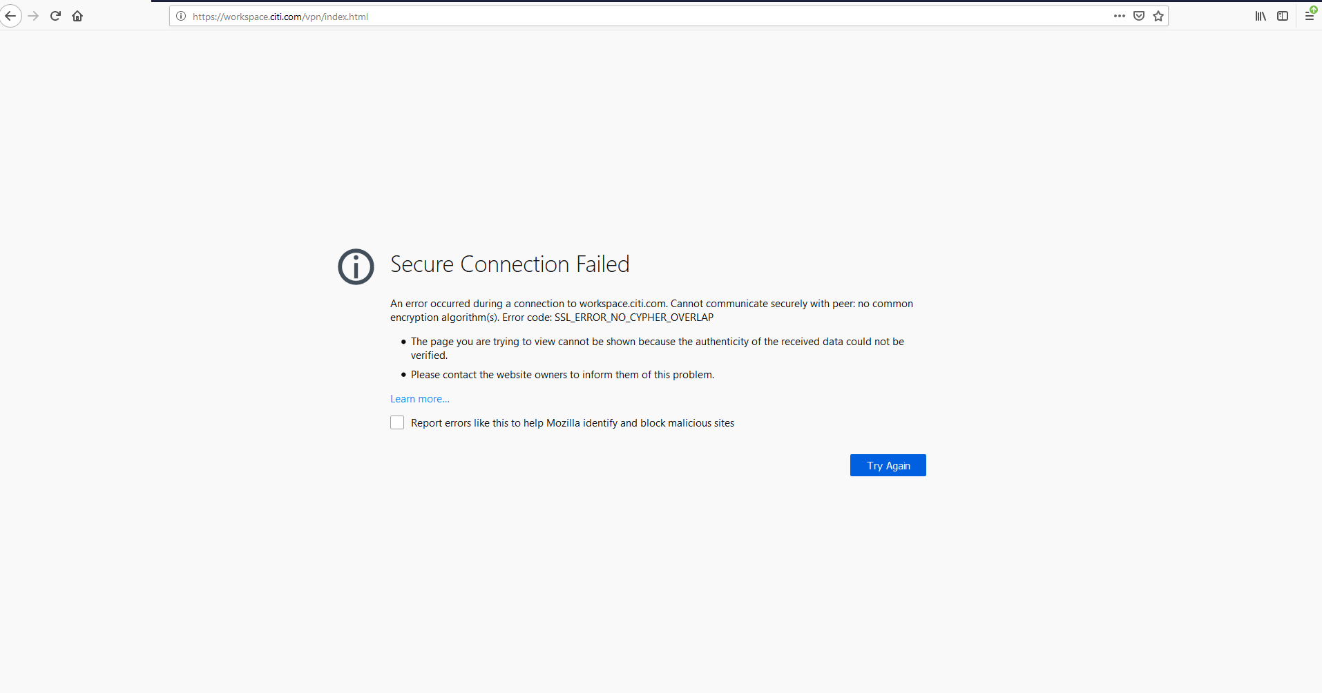 workspace.citi.com - "Secure Connection Failed" error message when attempting to access the site ...