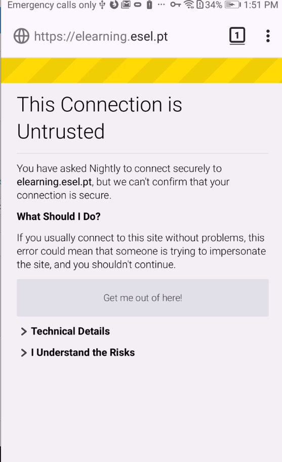 elearning.esel.pt - "This Connection is Untrusted" error message displayed after accessing a ...