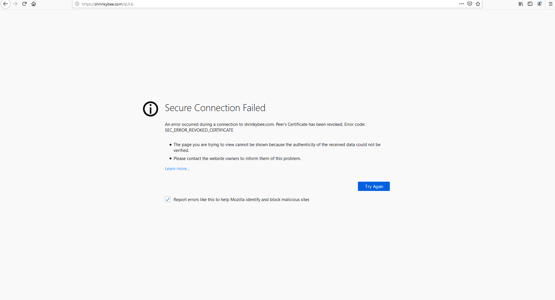 shrinkybee.com - "Secure Connection Failed" error message displayed ...