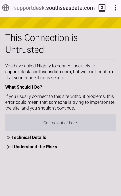 supportdesk.southseasdata.com - Untrusted connection error message ...