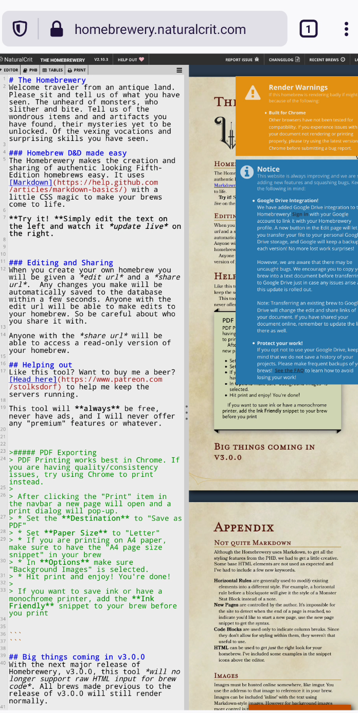 homebrewery.naturalcrit.com - desktop site instead of mobile site ...