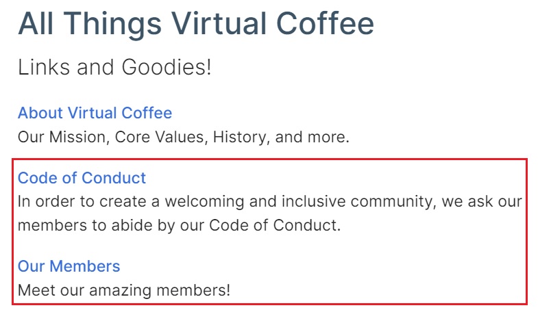The link of Code of Conduct and Our Members navigate to About Virtual Coffee page · Issue #491 ...