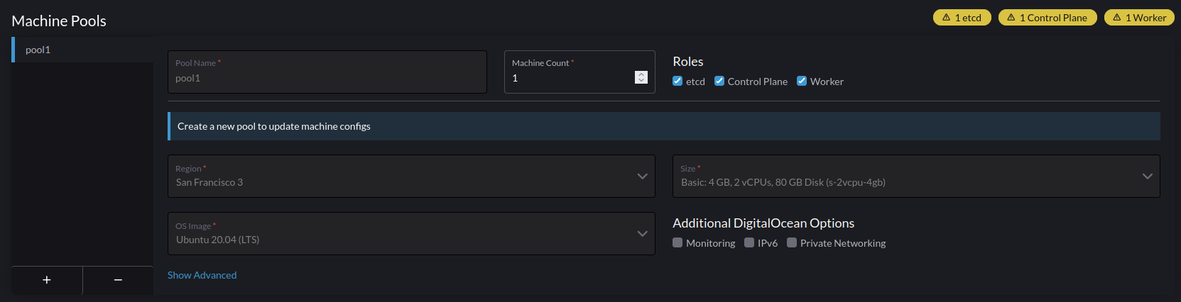 Strange UI behavior when create a cluster - page mentions to "Create a new pool to update ...