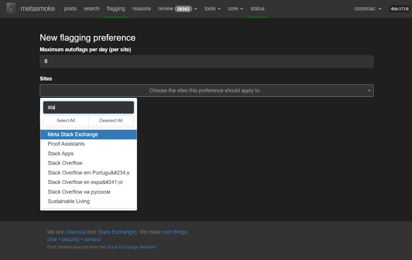 Site Selector Displaying Html Entities On The Flagging Preferences Page · Issue 969 · Charcoal 7627