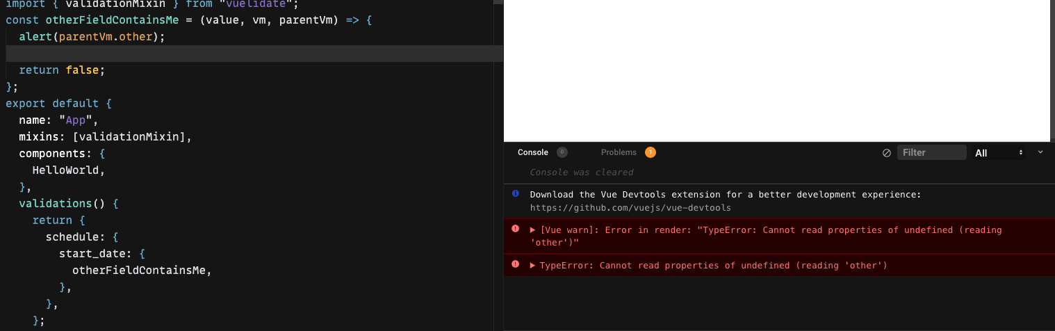 Custom validator error when other accessing component · Issue #1060 · vuelidate/vuelidate · GitHub