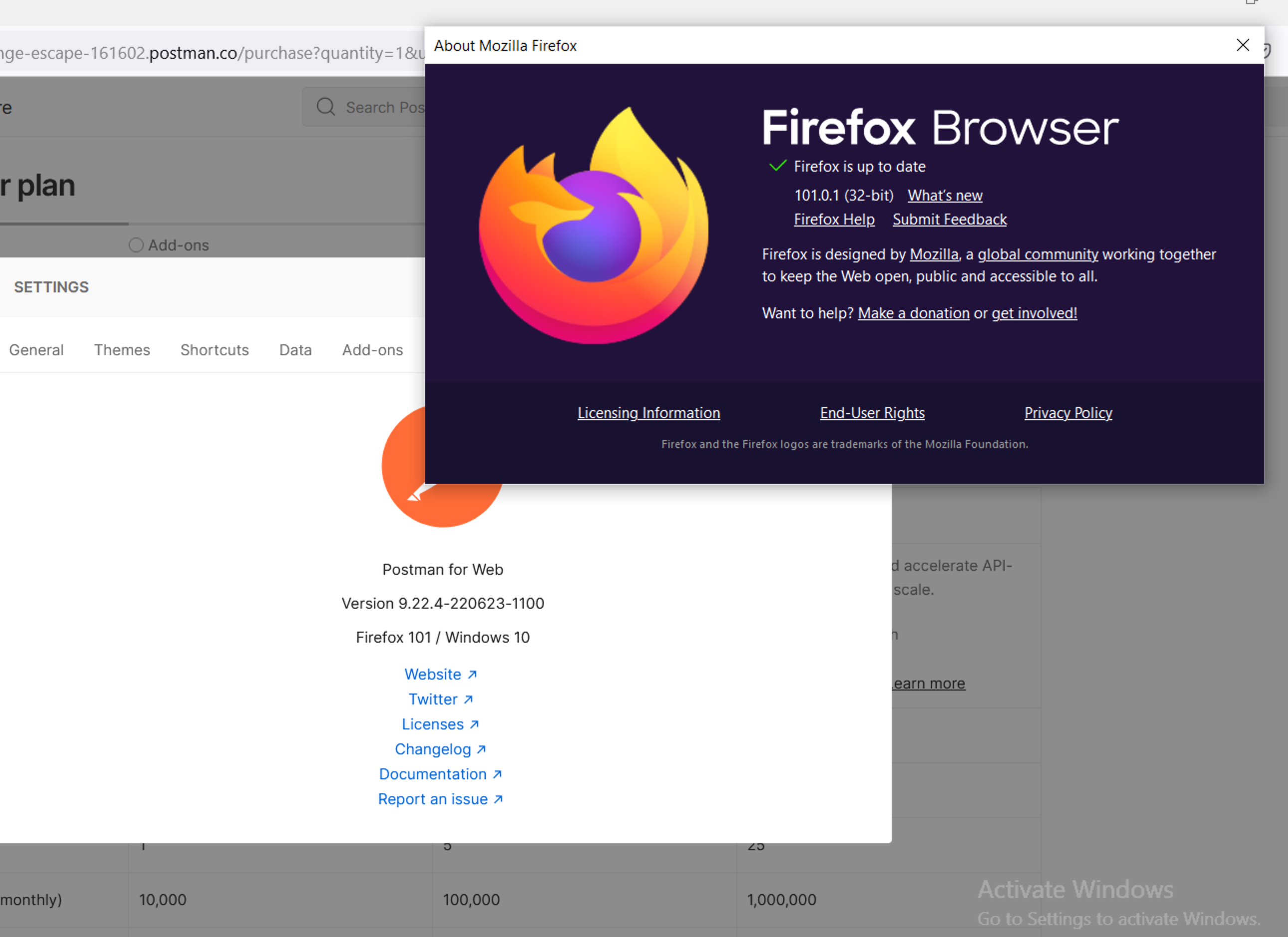 Postman web version in the "About" tab is showing an older Firefox ...