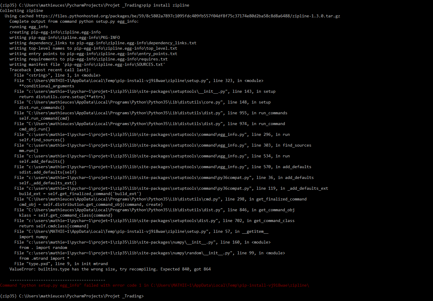Install Zipline with pip/Pycharm · Issue #2368 · quantopian/zipline · GitHub