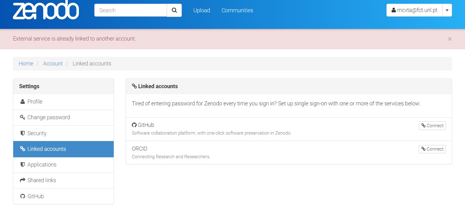 Can´t connect to GitHub : External service is already linked to account · Issue #2335 · zenodo ...