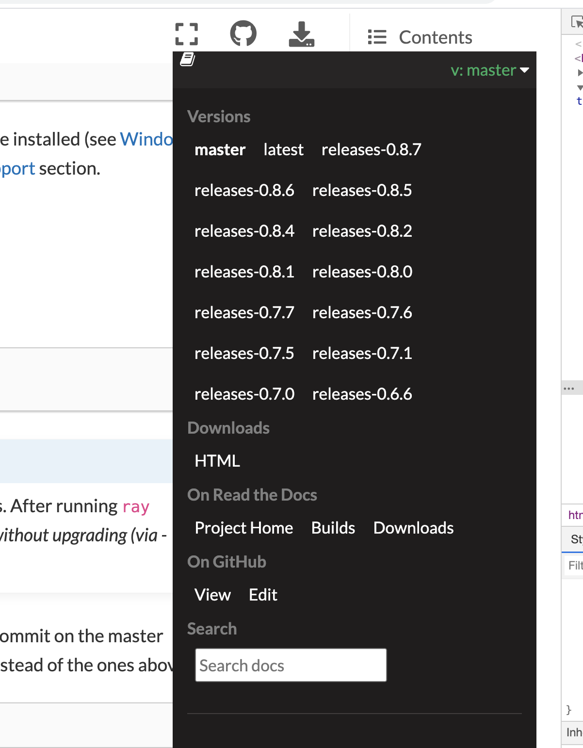 version flyout menu is hidden by table of contents rightbar in docs · Issue #10841 · ray-project ...