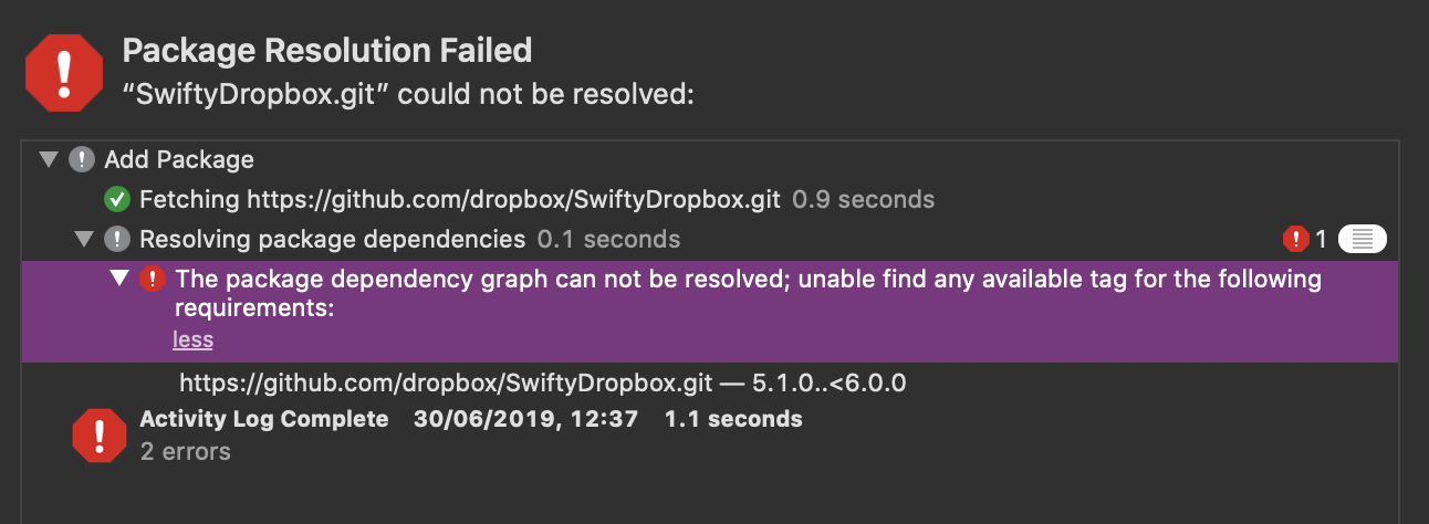 Swift Package Manager - Cannot resolve dependency graph · Issue #252 · dropbox/SwiftyDropbox ...