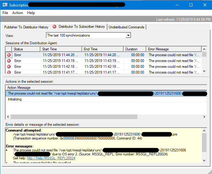 Pull subscription fails due to OS error 2. The system cannot find the file specified (mixing up ...