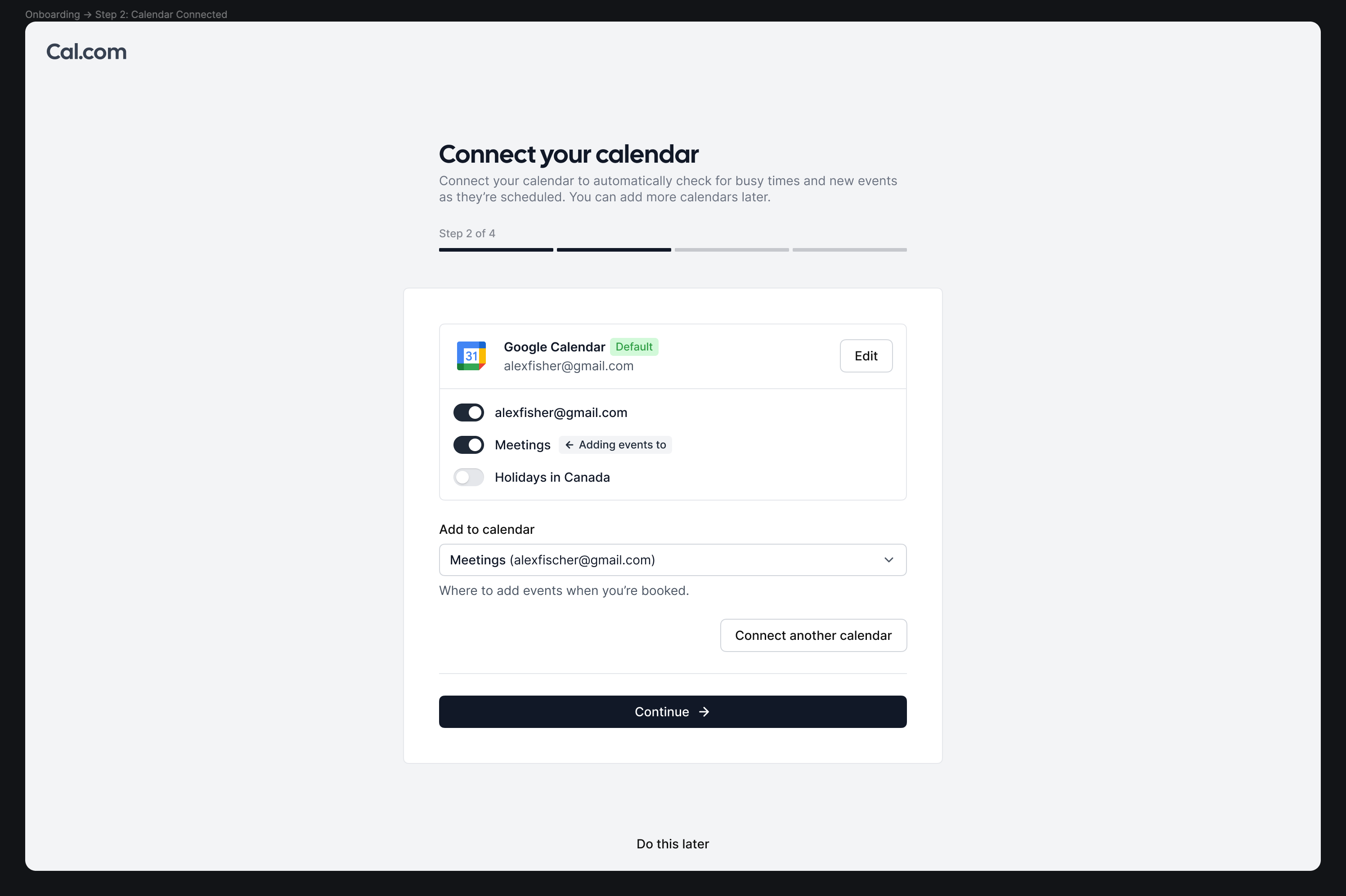 In Event Type settings: Show the default selected calendar - Right now ...