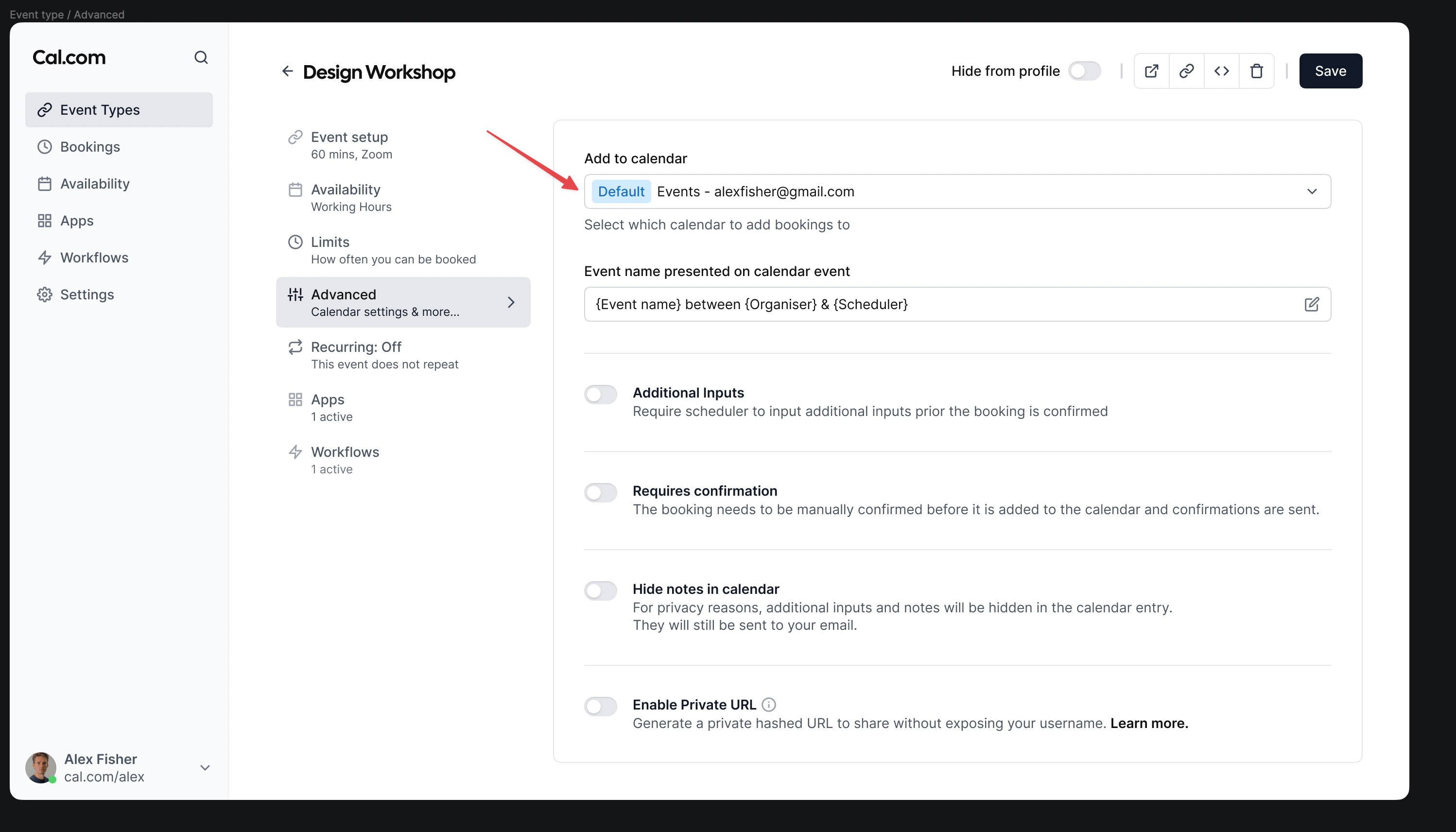 In Event Type settings: Show the default selected calendar - Right now it looks like no calendar ...