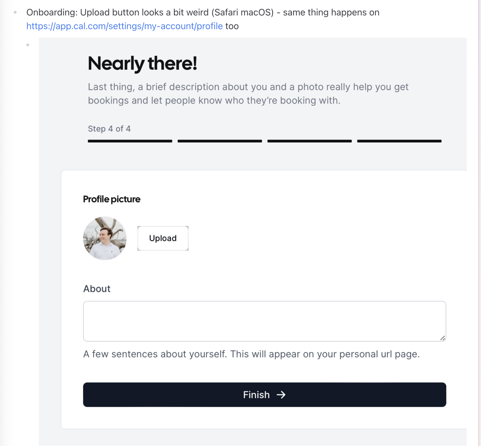 /onboarding/step-4 - Upload button looks weird · Issue #4343 · calcom/cal.com · GitHub