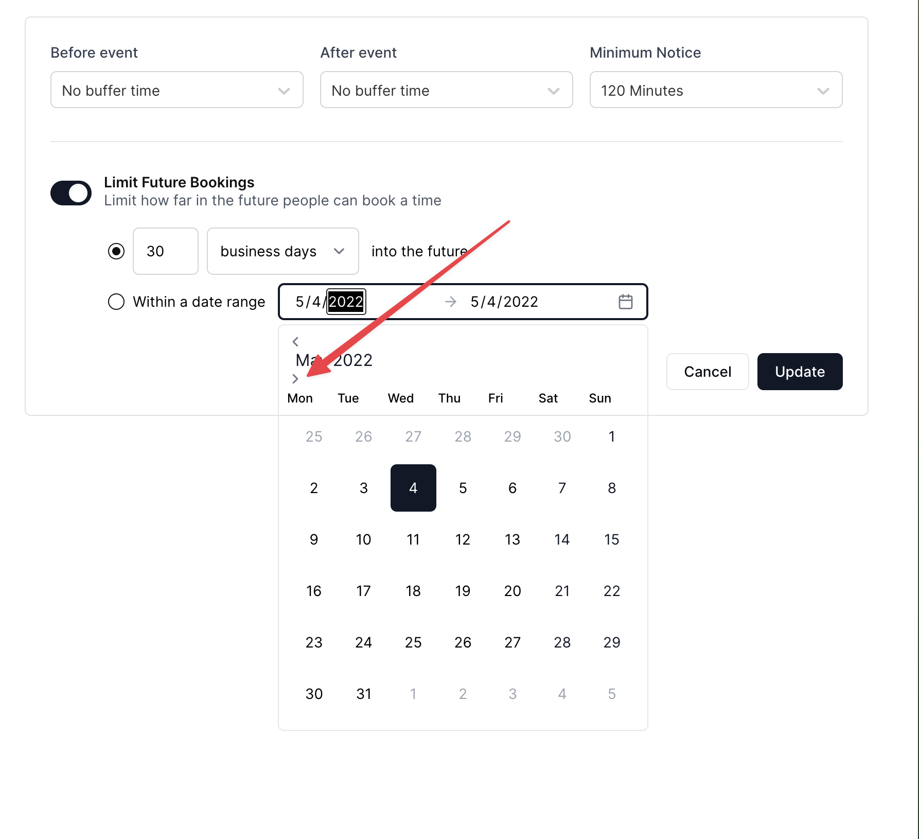 [component] simple date selector - calendar arrows layout broken · Issue #4389 · calcom/cal.com ...